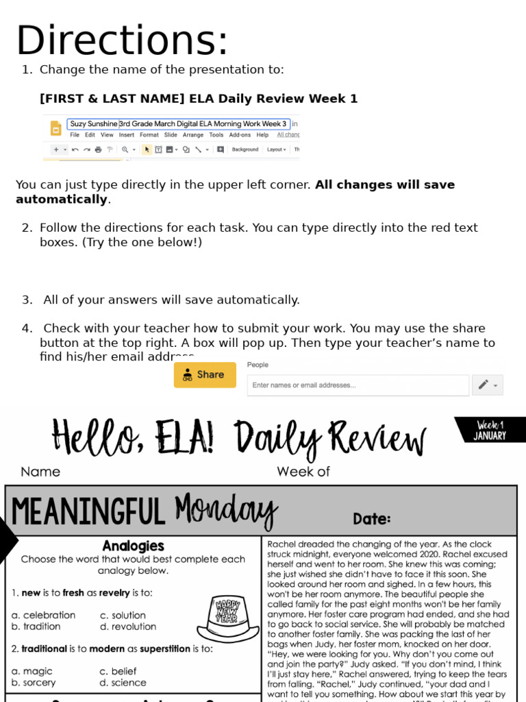 ELA Daily Review Instructions Week 1 | PDF