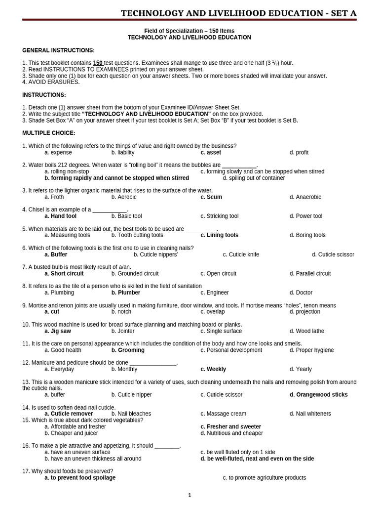 Tle Exam Set A Answer Key | PDF | Electricity