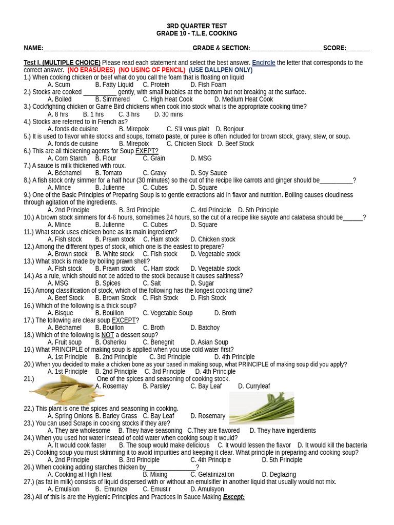 3RD Quarter Test-Tle Cooking | PDF | Soup | Stock (Food)