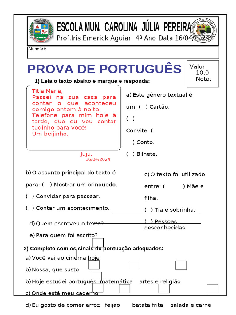 Prova de Português 4º Ano - Escola Carolina Júlia | PDF