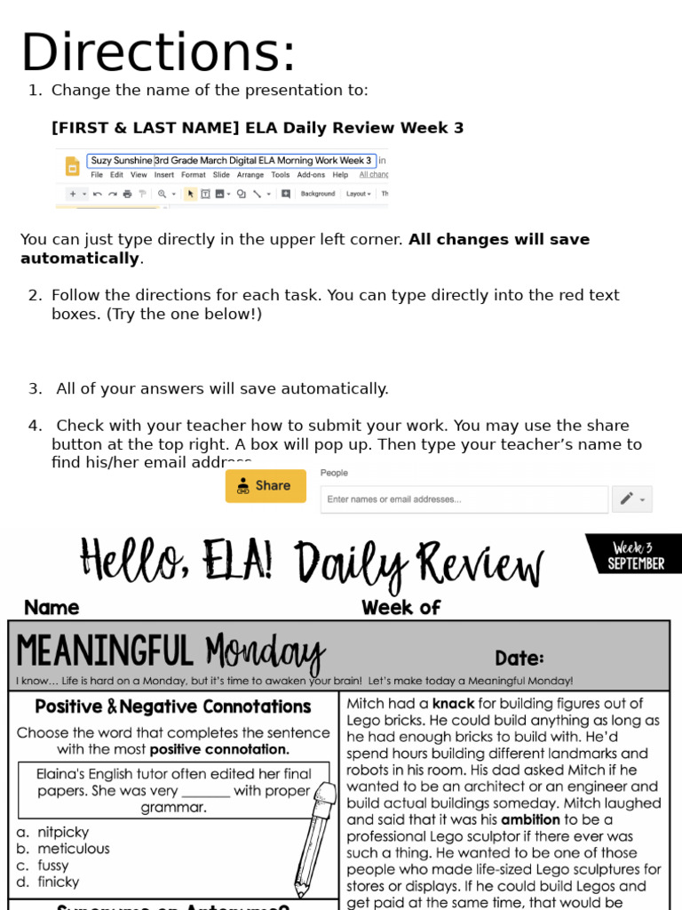 7th Grade September Digital ELA Daily Review Week 3 | PDF