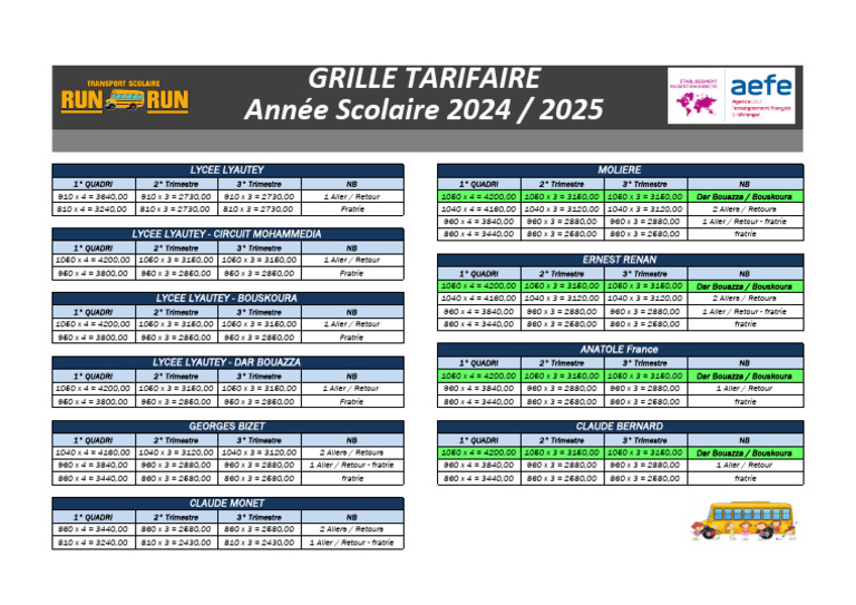 Grille Tarifaire 2024 2025 AEFE - RUN RUN | PDF