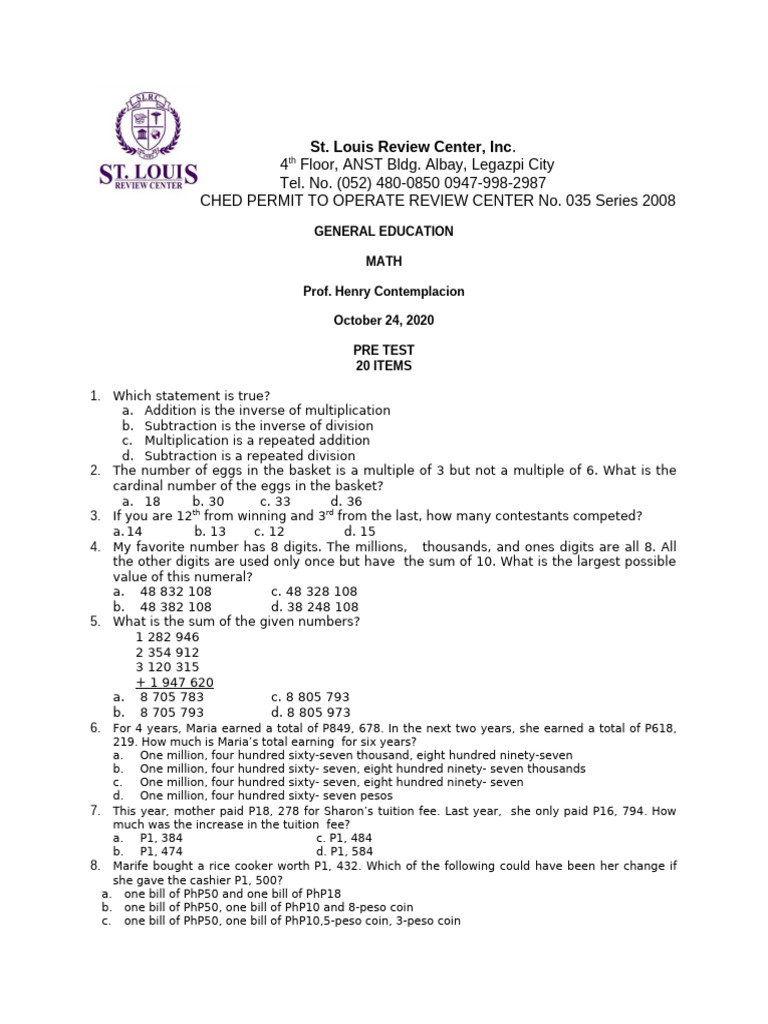 Pre Test Gen Ed Math | PDF | Foreign Exchange Market | Currency