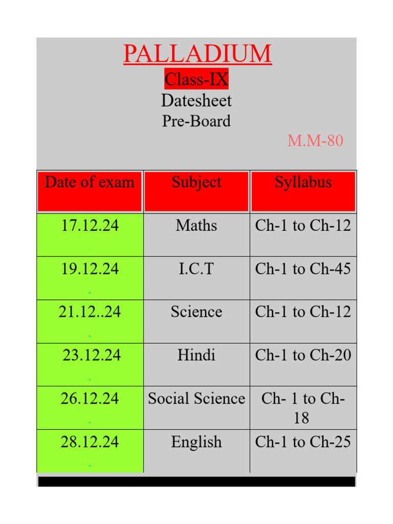 Class IX Pre-Board Exam Datesheet | PDF