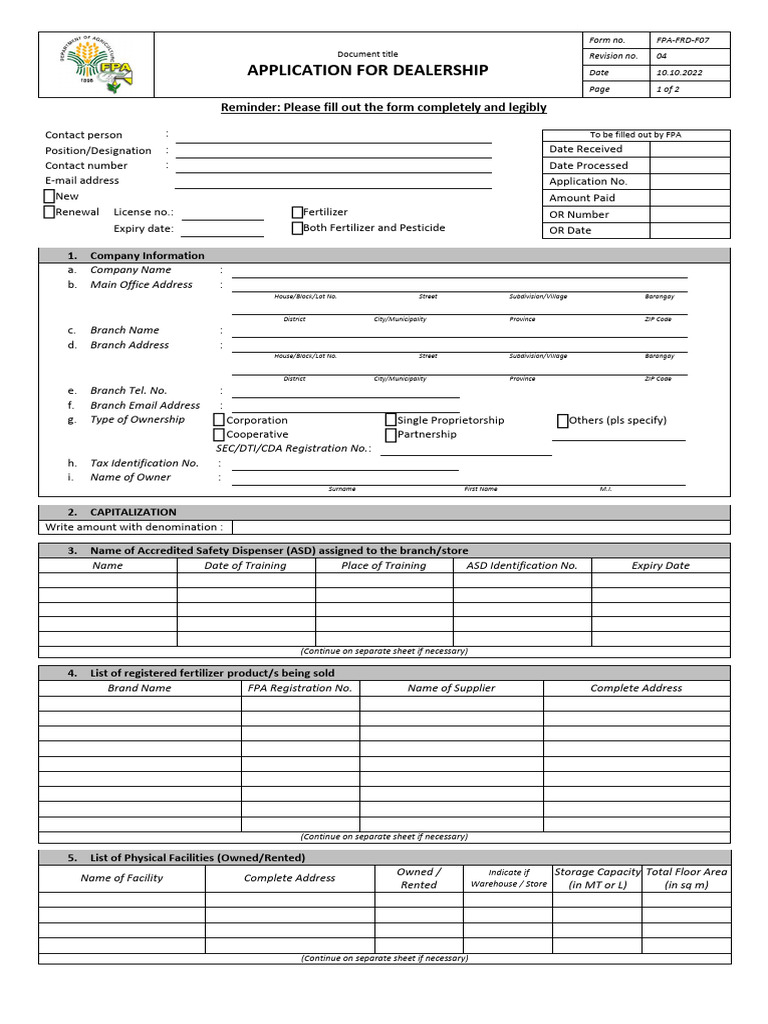 FPA FRD F07 Application For Dealership | PDF