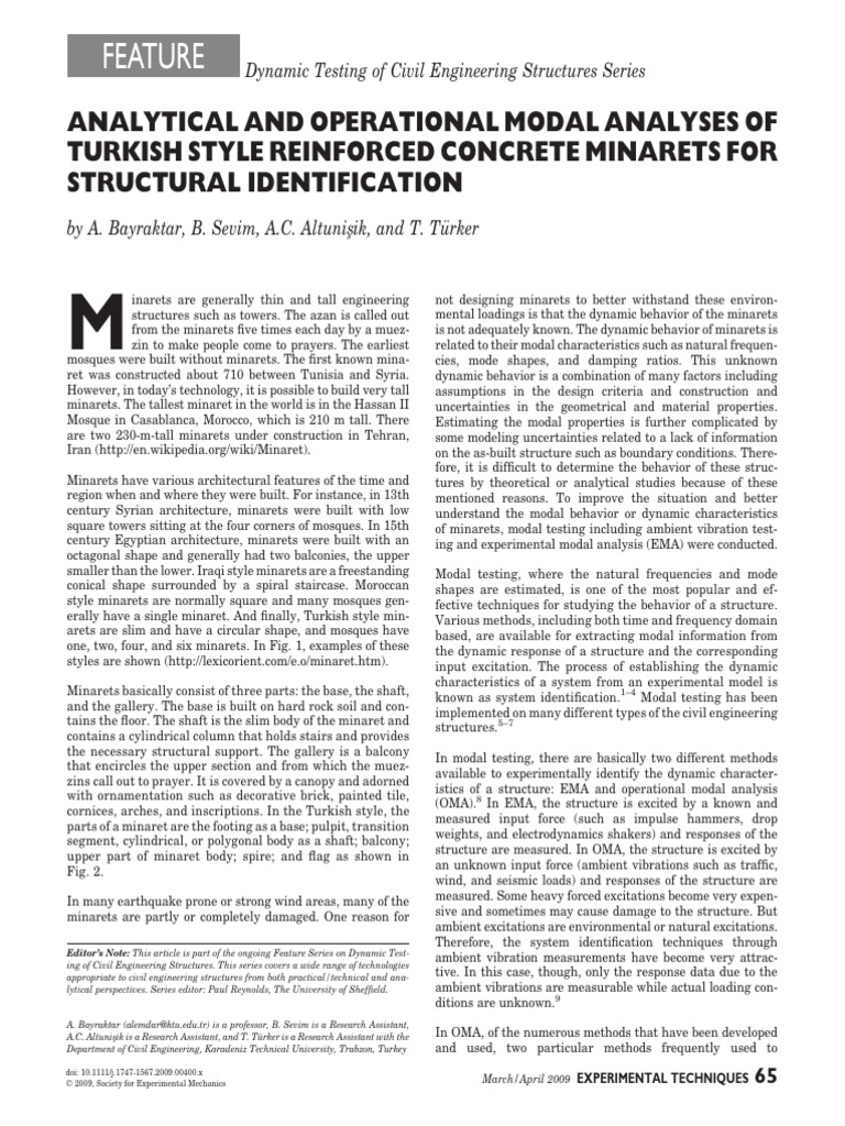 Analytical and Operational Modal Analyses of Turkish Style Reinforced Concrete Minarets For ...