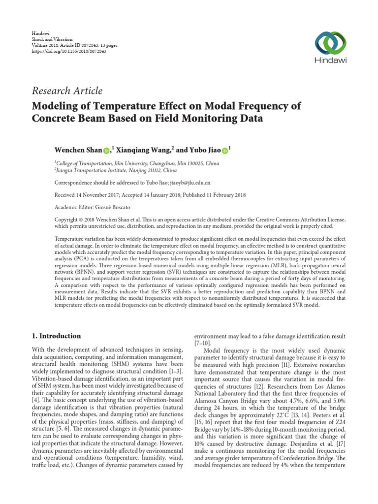 Modeling of Temperature Effect on Modal Frequency of Concrete Beam Based on Field Monitoring ...