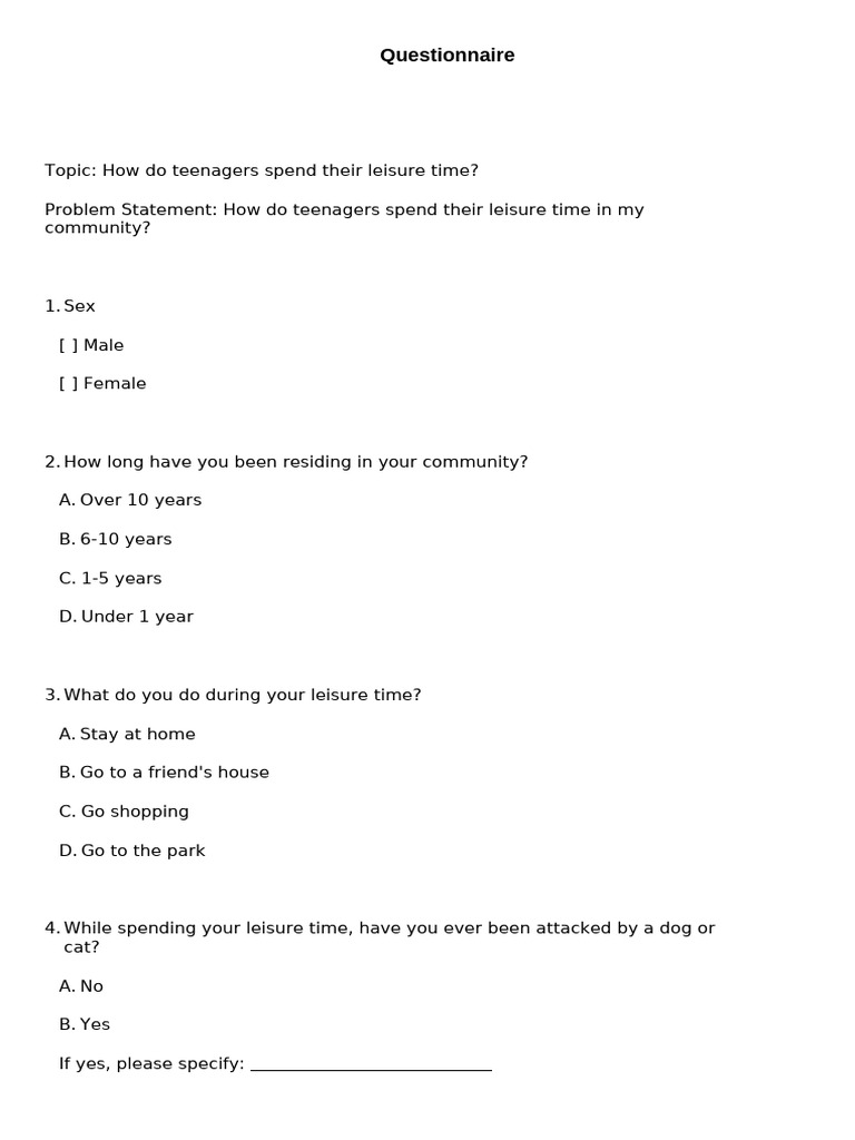 Questionnaire Teenagers Leisure Time | PDF