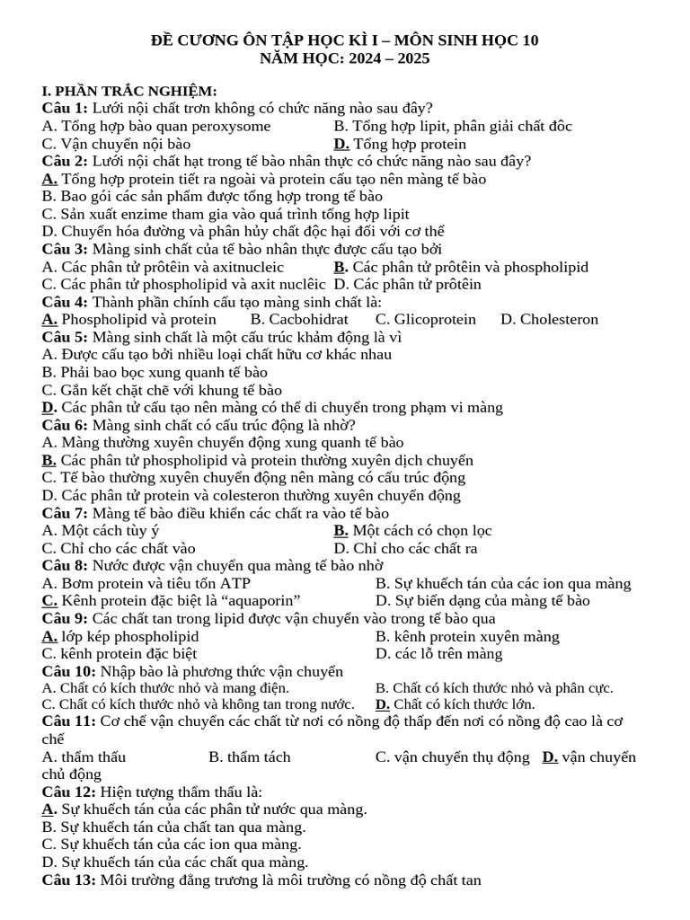 ĐỀ CƯƠNG SINH 10 HK1 2024-2025 | PDF