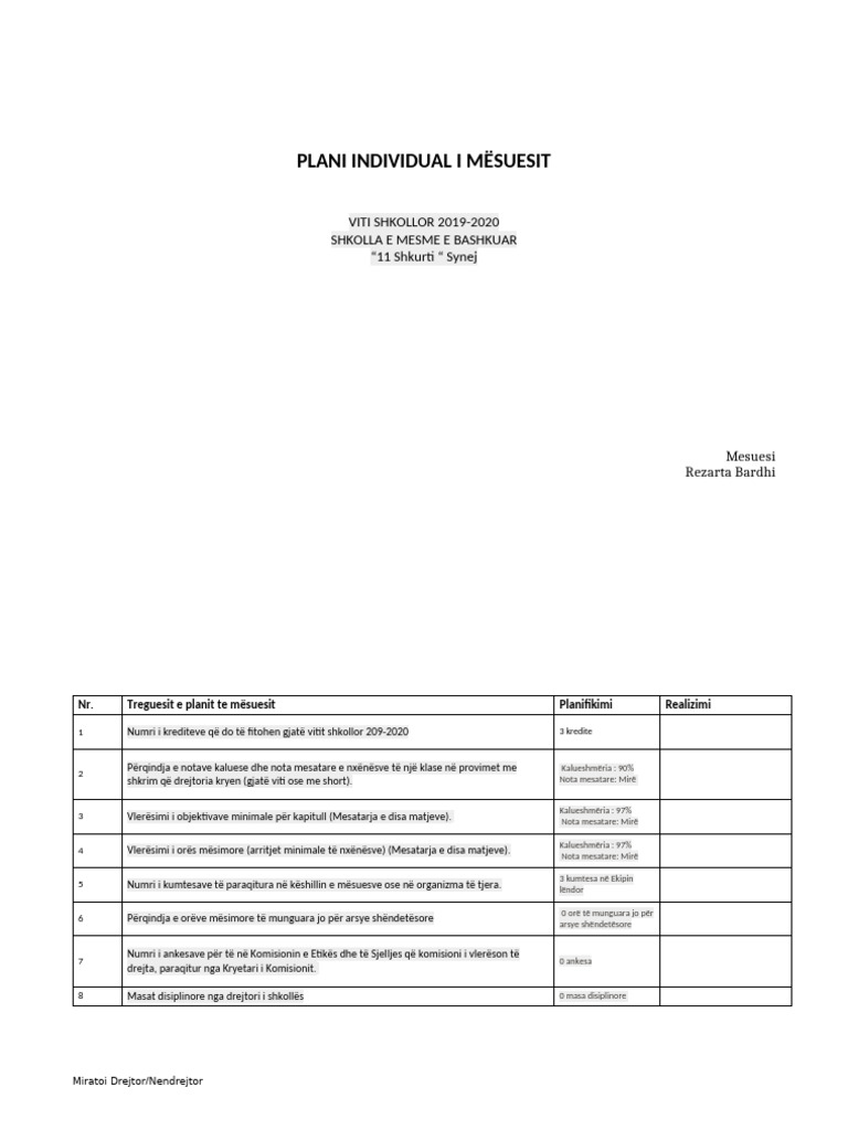 Plani Idividual I Mesuesit | PDF