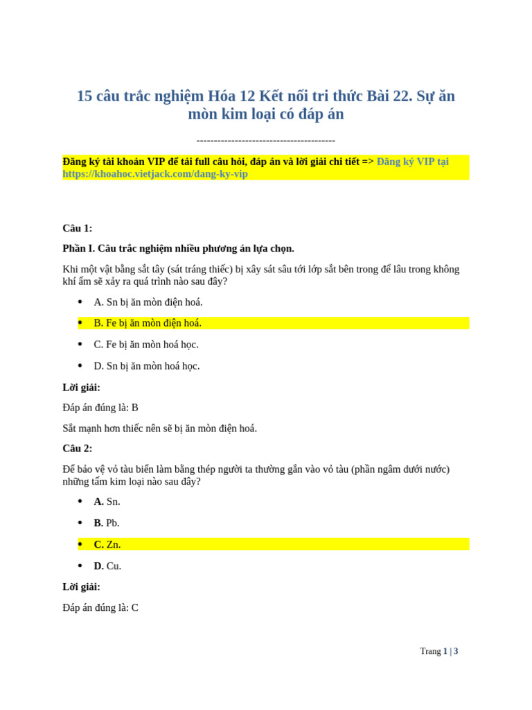 15 Cau Trac Nghiem Hoa 12 Ket Noi Tri Thuc Bai 22 Su an Mon Kim Loai Co Dap an 2025-01-25 | PDF