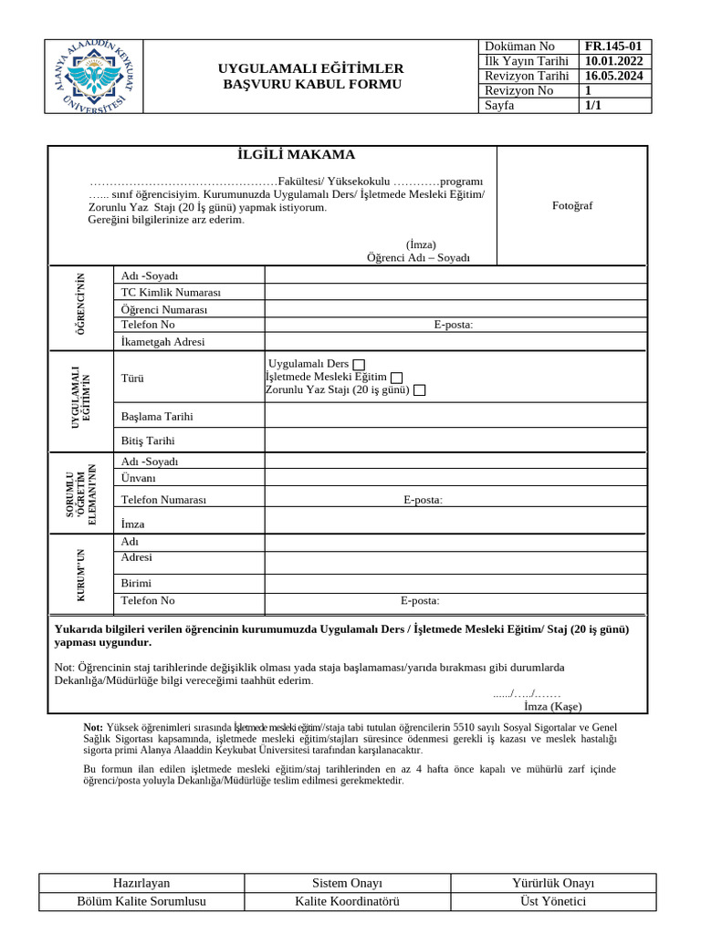 FR 145 01 Uygulamali Egitimler Basvuru Kabul Formu 5 | PDF