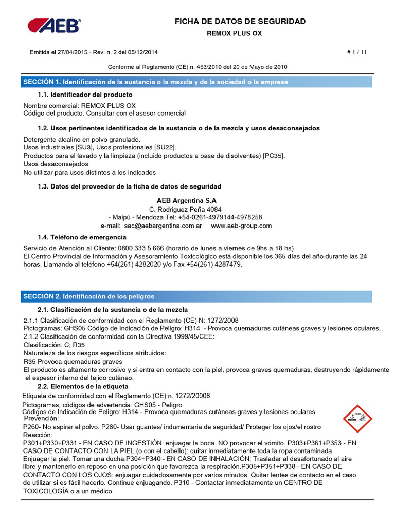 Ficha de Seguridad REMOX PLUS OX | PDF | Corrosión | Agua
