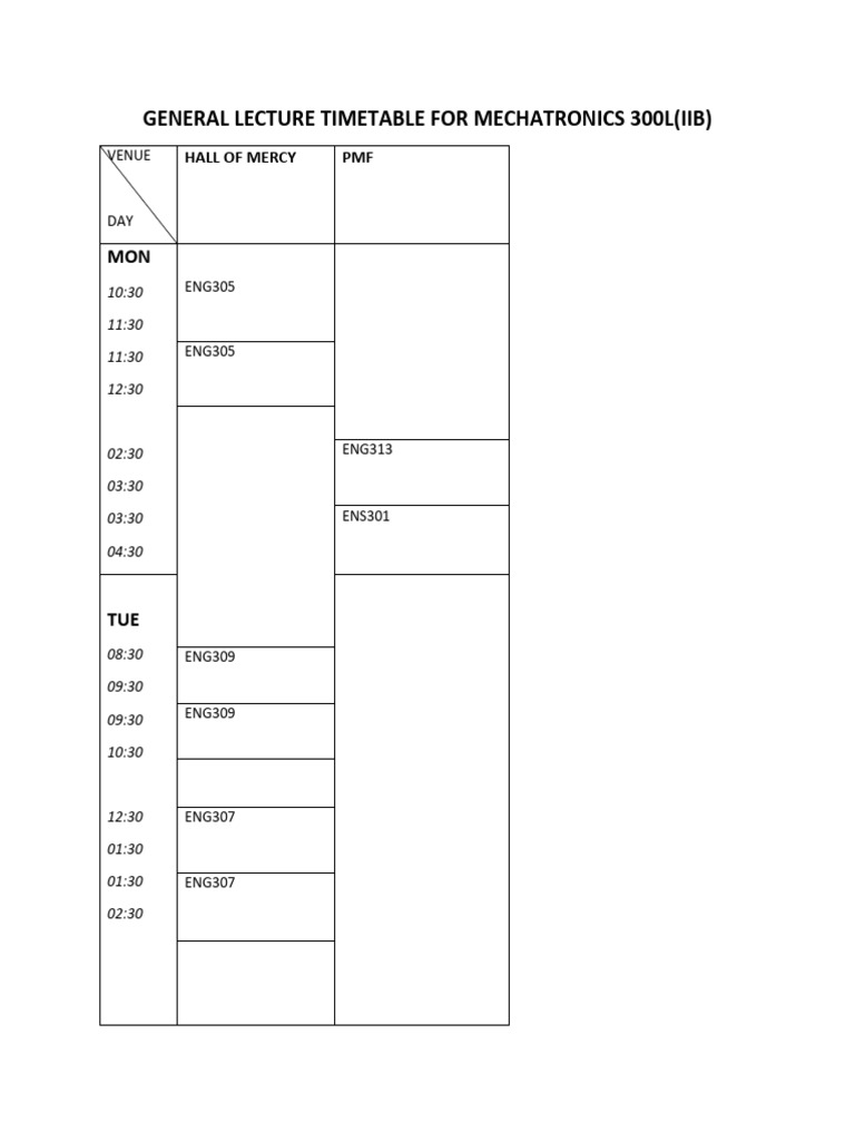 General Lecture Timetable For Mechatronics 300l | PDF