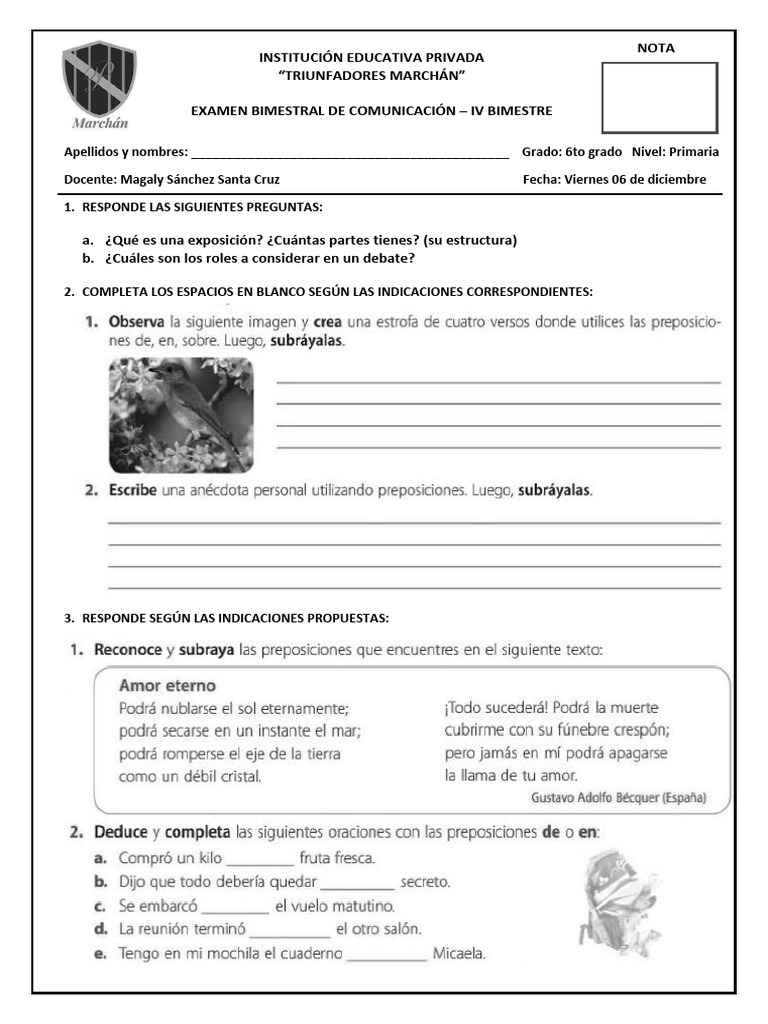 IV Bimestre - Examen Comunicación 6TO Grado | PDF