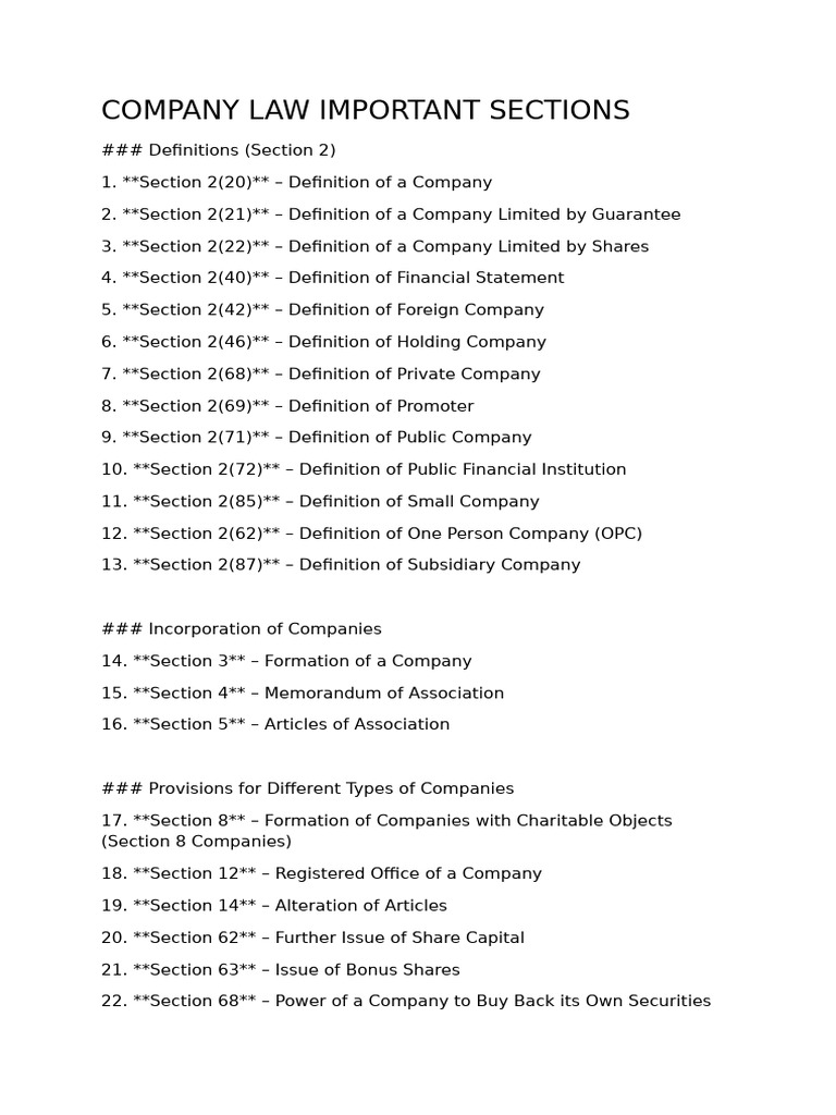 Company Law Important Sections Pdf Audit Securities Finance
