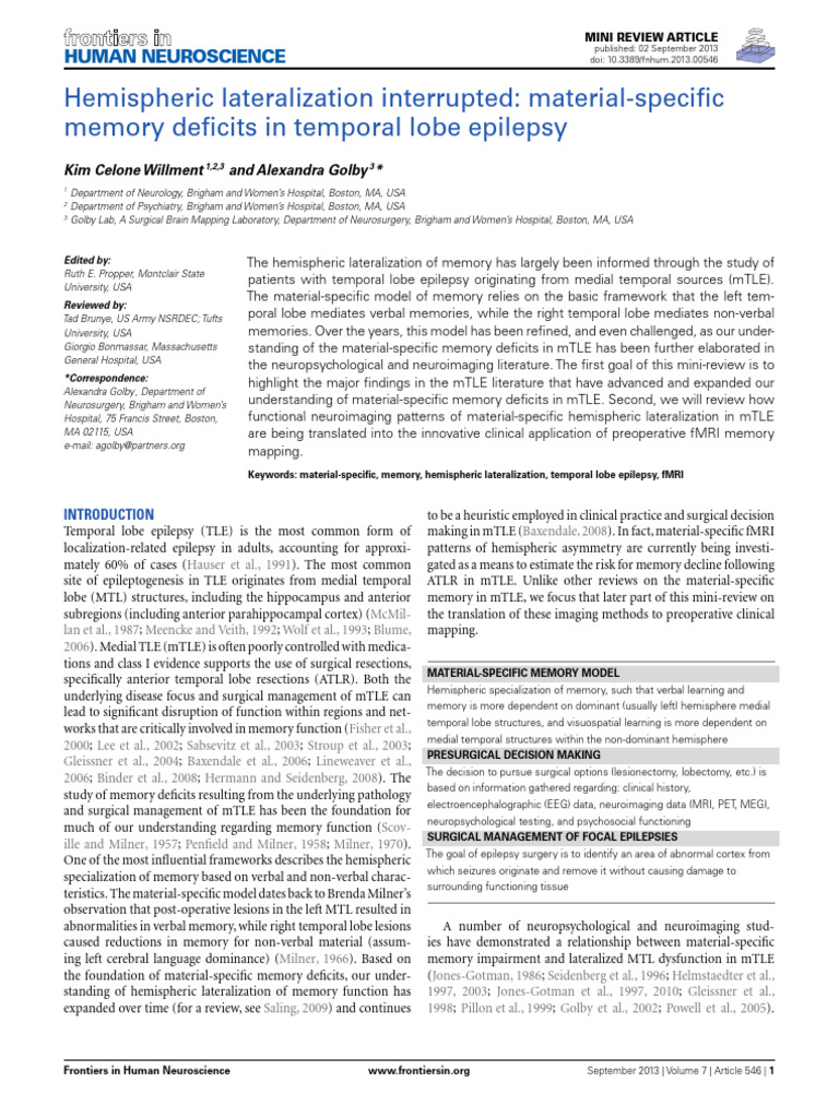 Hemispheric Lateralization Interrupted2013 | PDF | Memory | Temporal Lobe