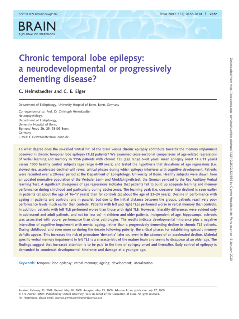 Chronic Temporal Lobe Epilepsy Brain2009 | PDF | Epilepsy | Memory