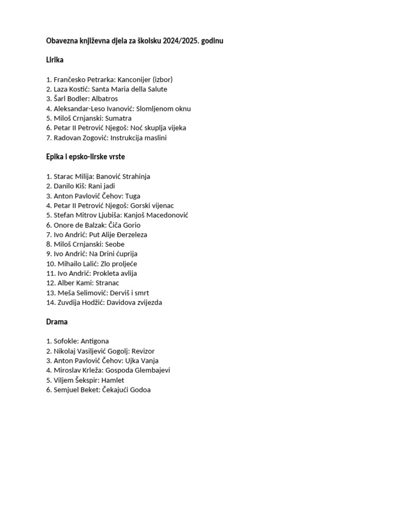 Obavezna Književna Djela | PDF