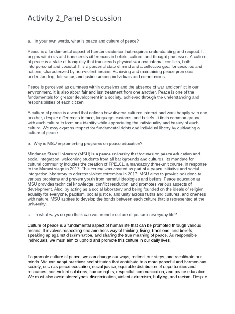 Activity 2 - Panel Discussion | PDF | Peace | Justice