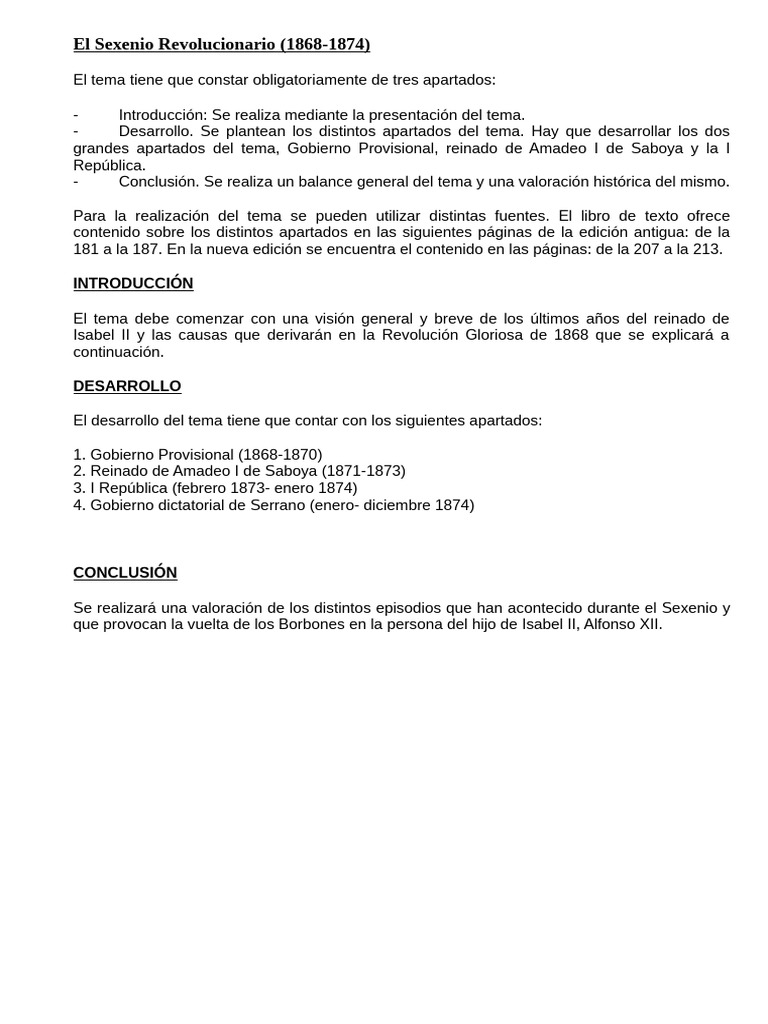 El Sexenio Revolucionario. Esquema | PDF