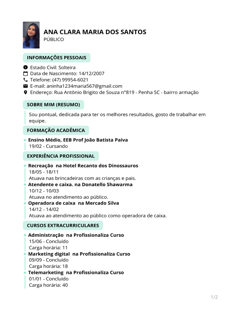 Currículo - Ana Clara Maria Dos Santos | PDF