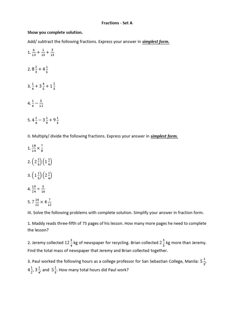 Fractions Set A | PDF