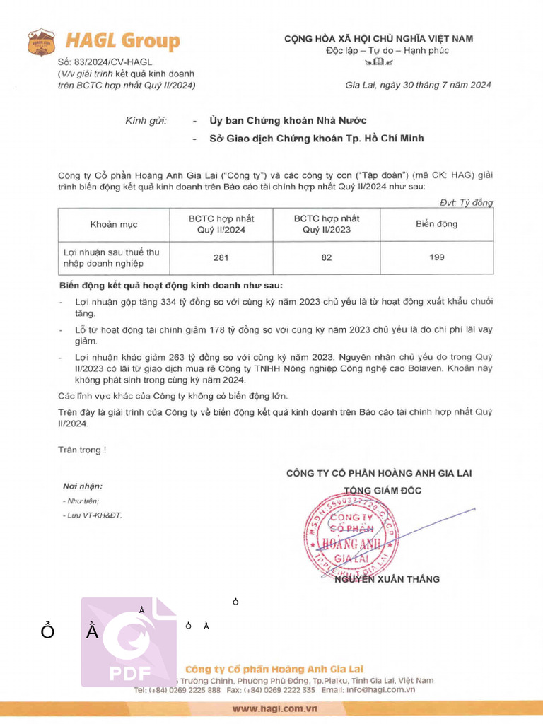 HAG BCTC Hop Nhat Quy 2 Nam 2024 Kem CV Giai Trinh | PDF