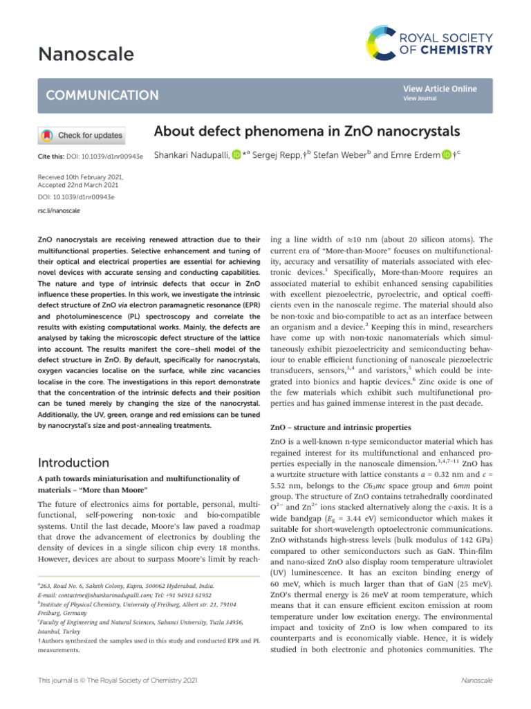 About Defect Phenomena in ZnO Nanocrystals 2021-Para PL | PDF | Zinc ...