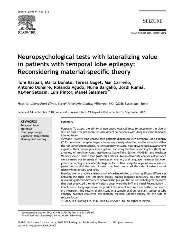 Neuropsychological Tests With Lateralizing Value2005 | PDF | Wechsler ...