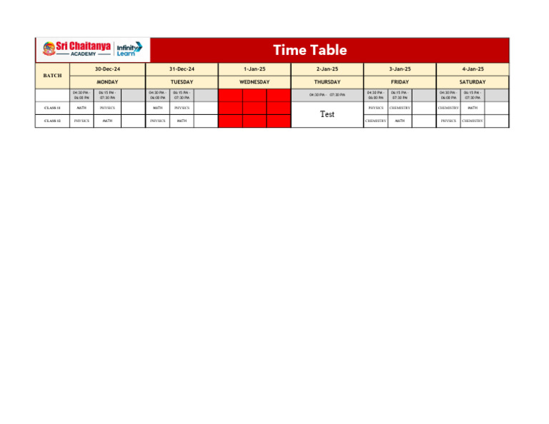 Time Table Class 11 & 12 (30 Dec To 04 Jan) | PDF