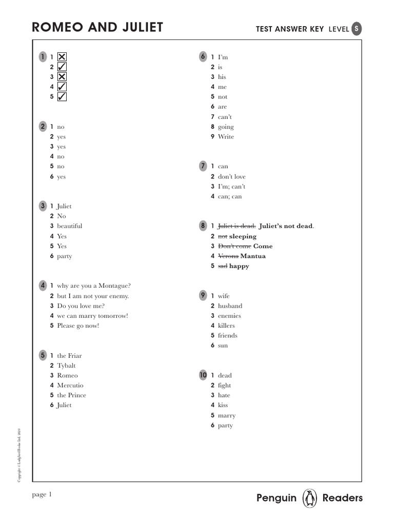 PR Romeo and Juliet TestAnswerKey LR | PDF | Characters In Romeo And ...
