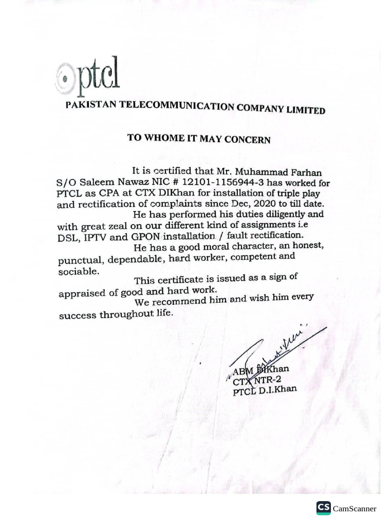 Internship Certificate PTCL | PDF