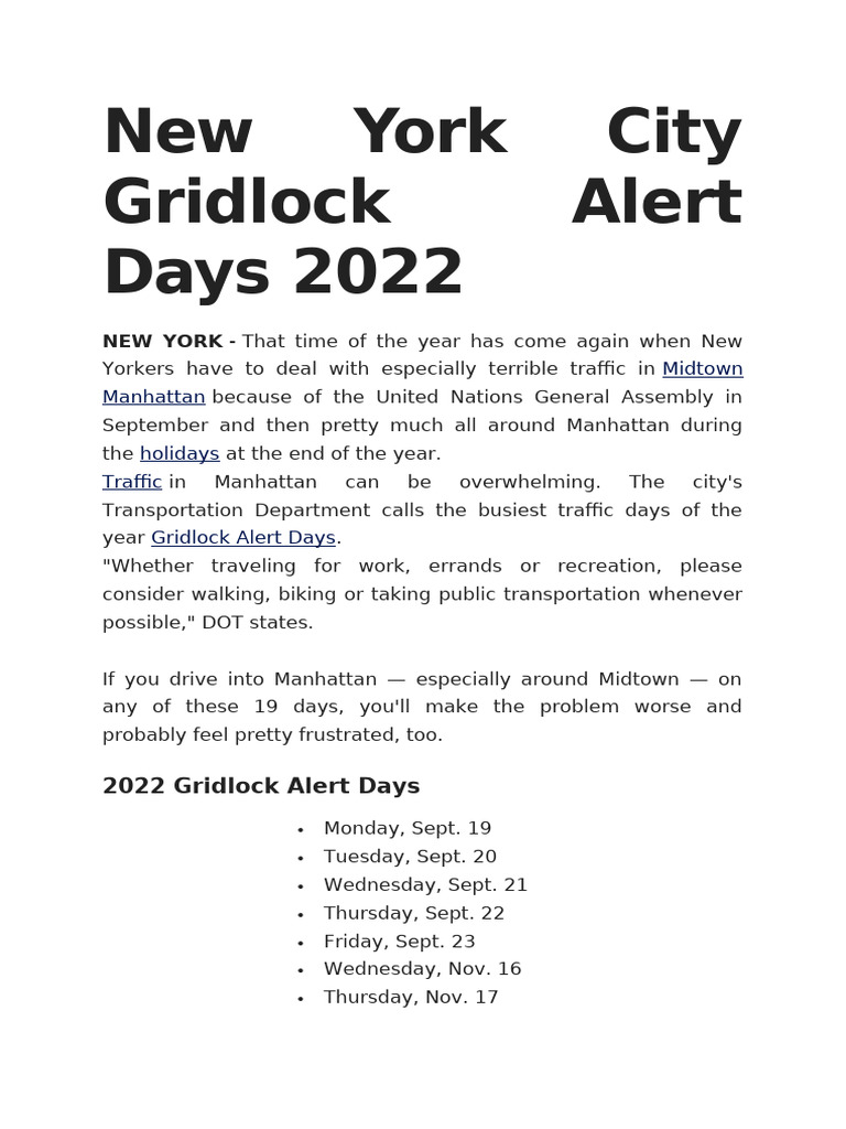 New York City Gridlock Alert Days 2022 Paper News | PDF | Narration