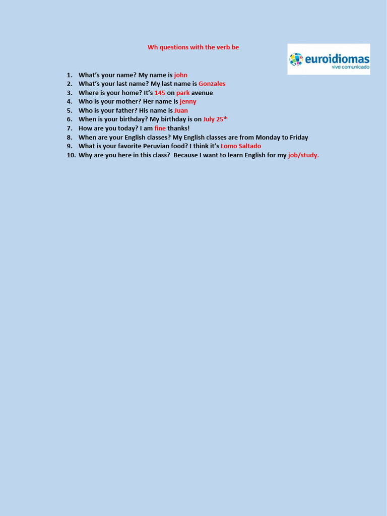 WH Questions With The Verb Be | PDF