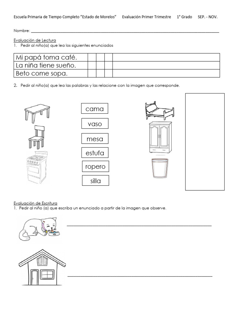 evaluacion lectura y escritura primer grado | PDF