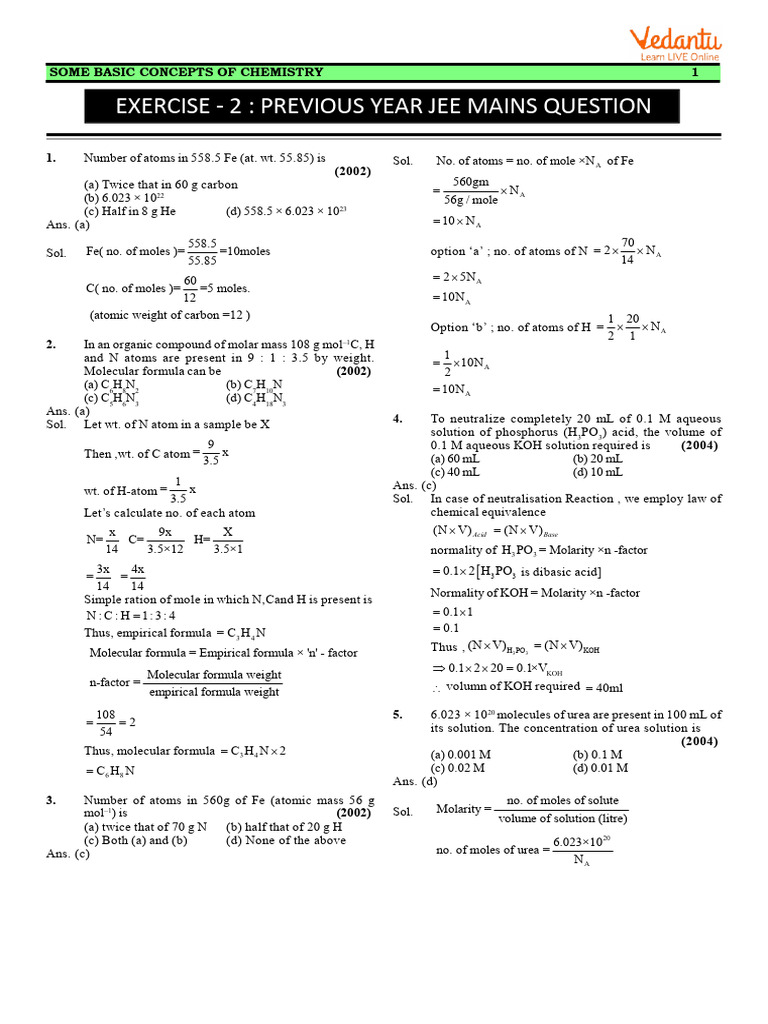 Some Basic Concept of Chemistry NM Sol. EX-2 | PDF | Mole (Unit) | Physical Sciences