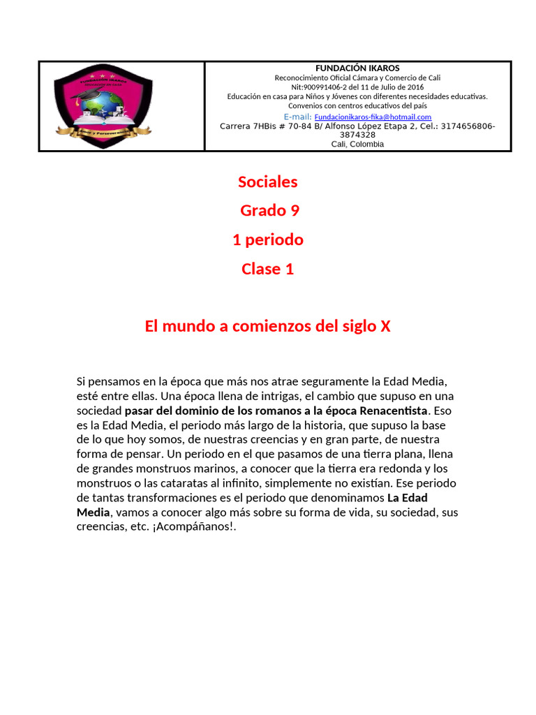 1 Clase Socilaes Noveno 1 Periodo | PDF | Edades medias | imperio Romano