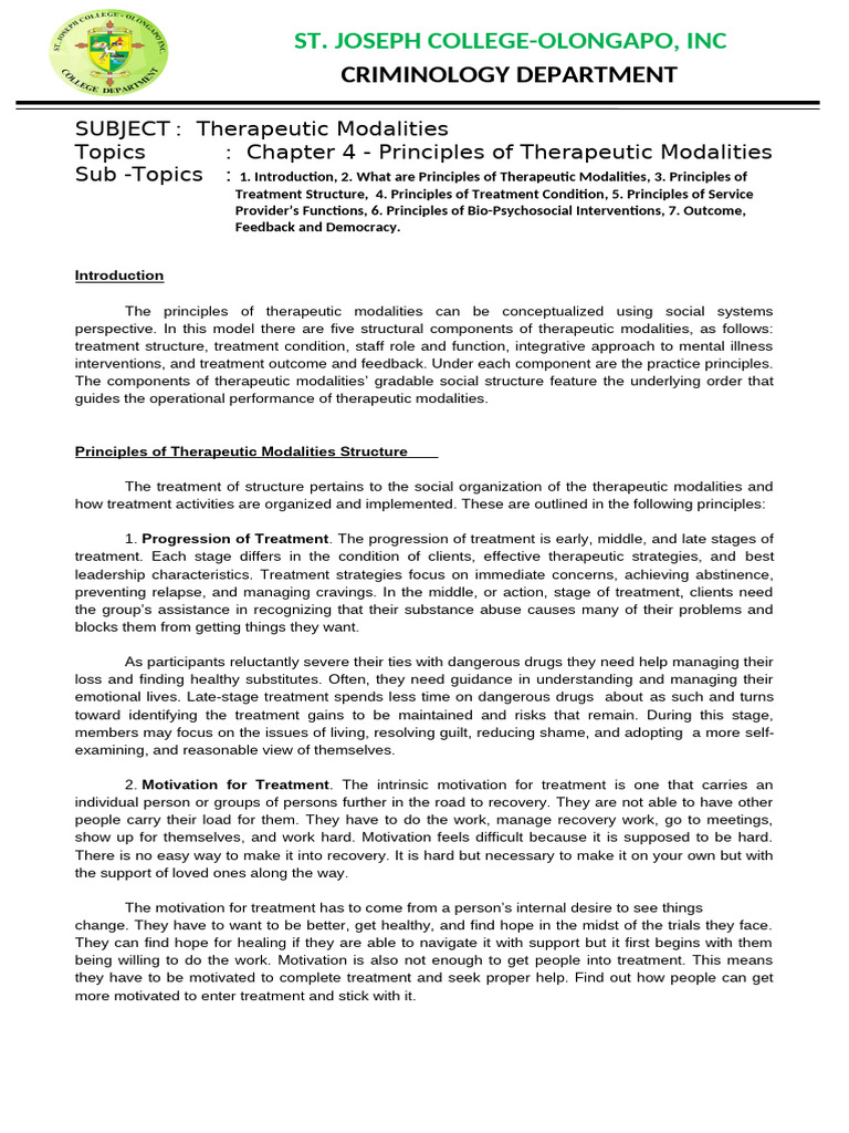 MODULE 4 Therapeutic Modalities 1st Sem. 1 | PDF | Psychotherapy ...