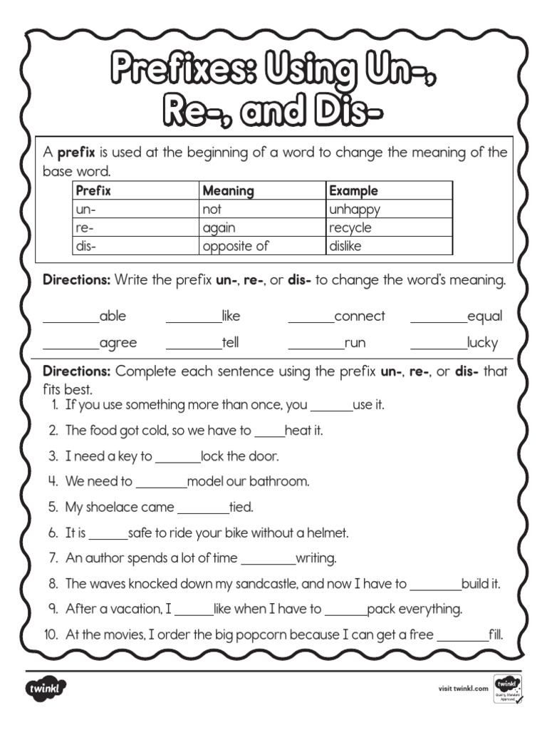 BW Second Grade Prefix Activity Using Un-, Re-, and Dis | PDF