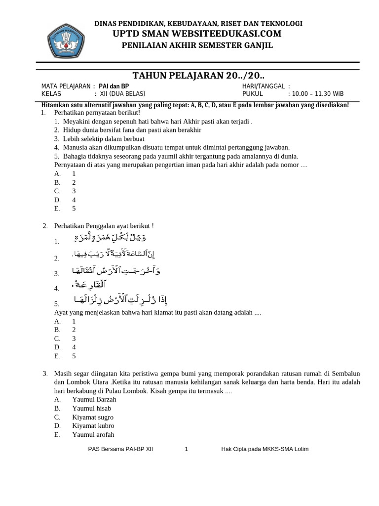 Soal PAS PAI Dan BP Kelas XII K13 | PDF