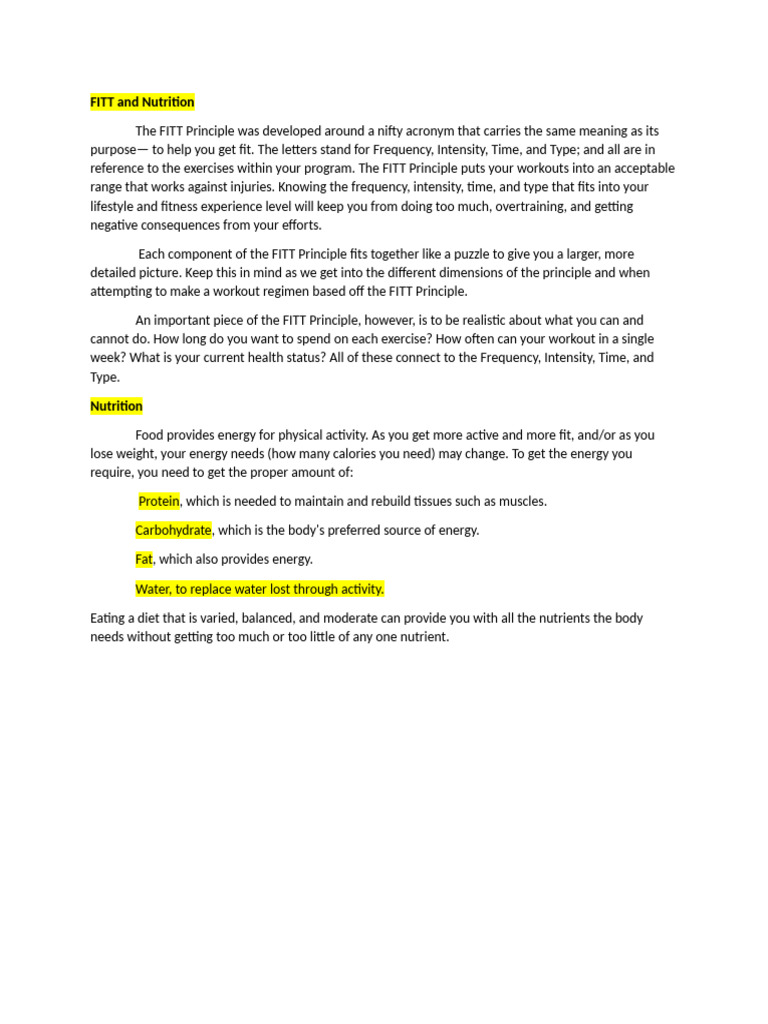 FITT Principle & Nutrition Guide | PDF