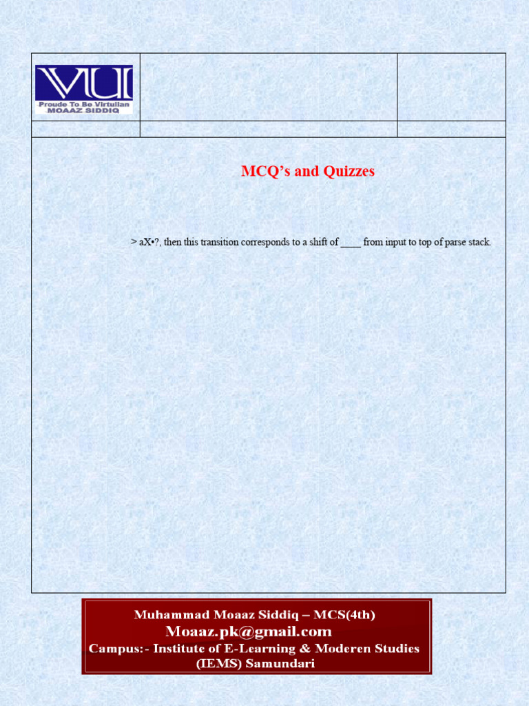 Cs606 Final Term Mcqs Solved With References by Moaaz | PDF | Parsing | Syntax (Logic)