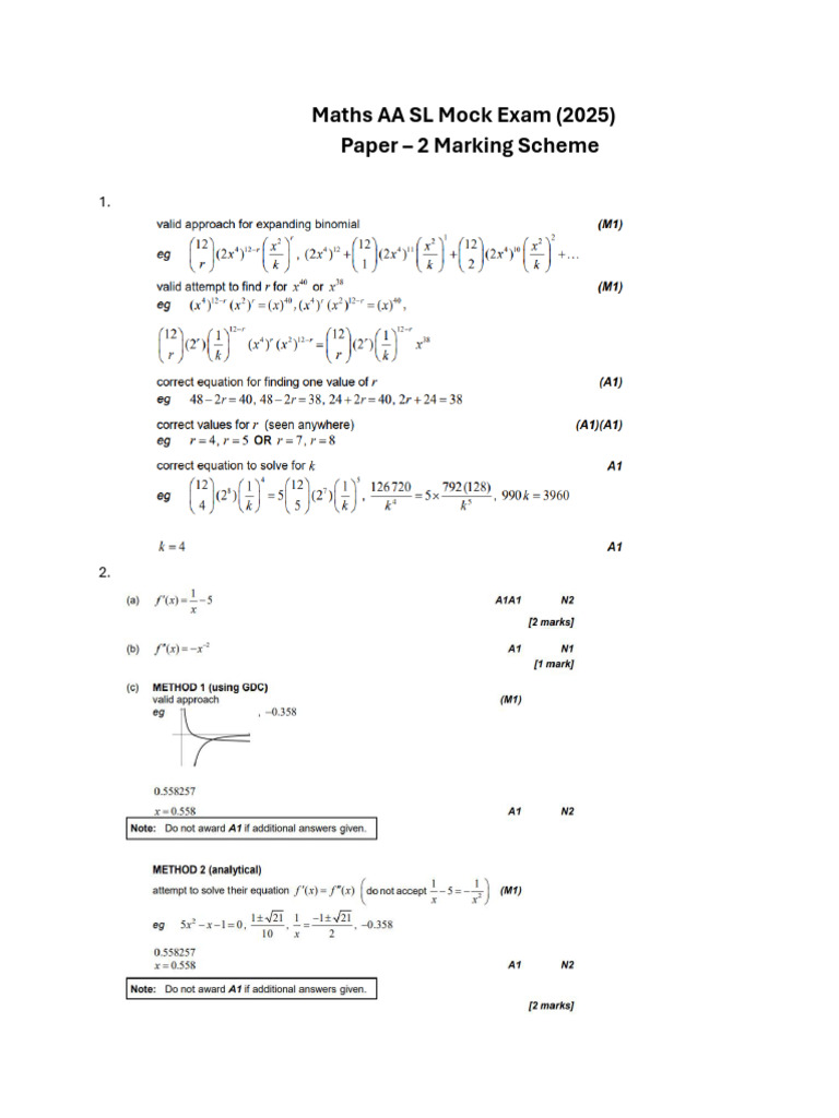 2025 Maths AA SL Mock Exam Guide | PDF