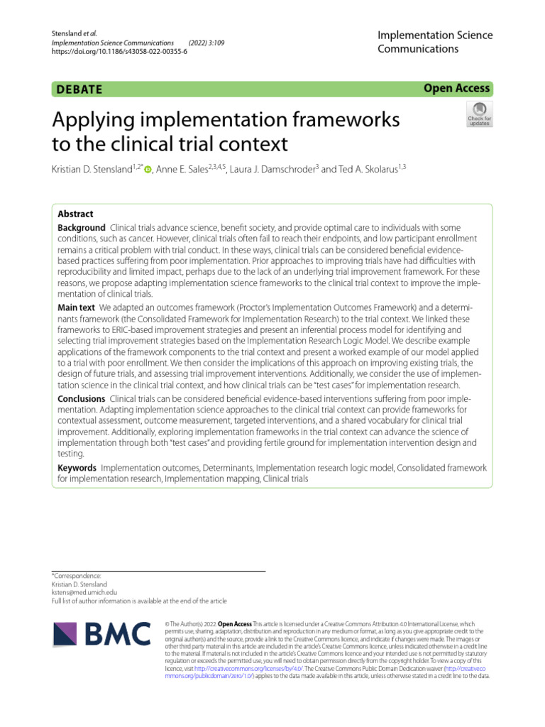 Stensland Applying Implementation Frameworks s43058-022-00355-6 | PDF | Clinical Trial ...