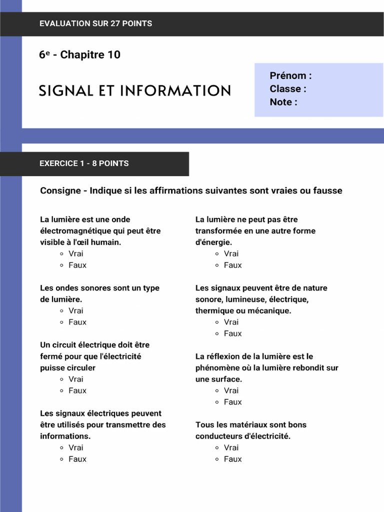 Evaluation Chapitre 10 Signal Et Information | PDF