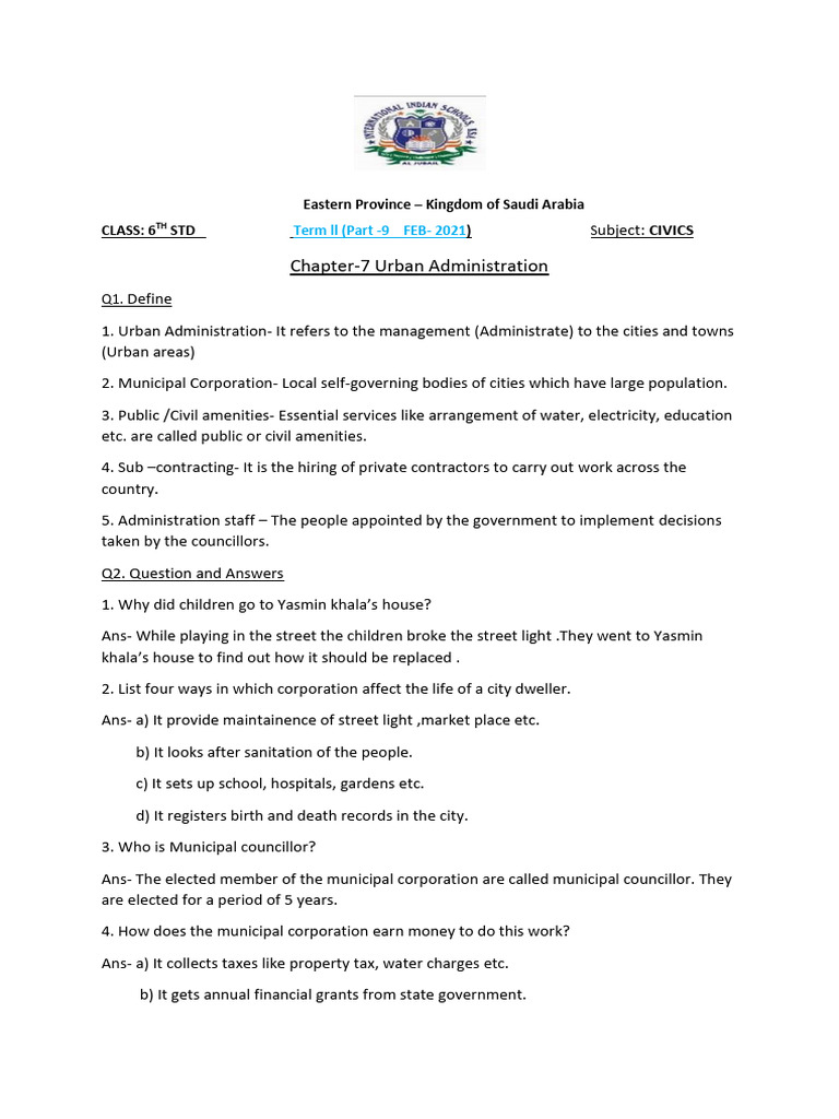 Urban Administration Class 6 Civics | PDF