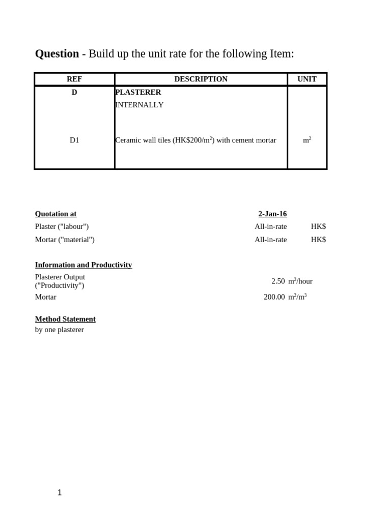 Plastering Cost Breakdown and Rates | PDF | Mortar (Masonry) | Economics