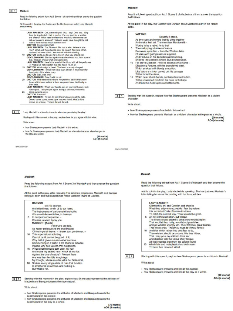 Macbeth All Past Paper Questions | PDF
