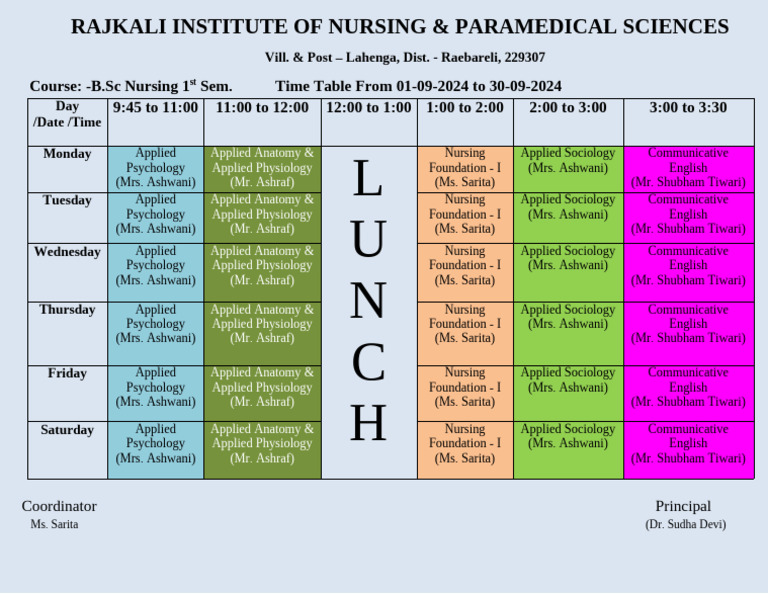 B.Sc Nursing 1st Sem. Time Table | PDF